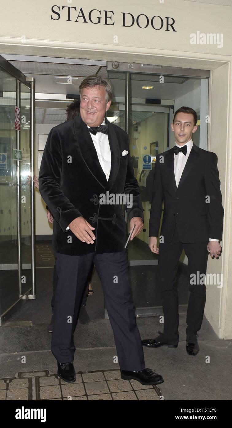 Stephen Fry and partner leaving via stage door Featuring: Stephen Fry ...