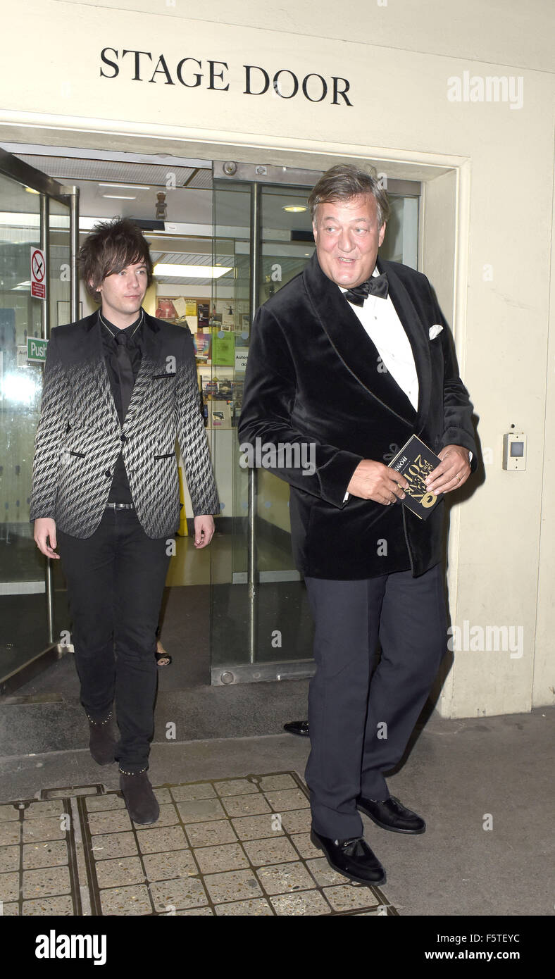 Stephen Fry and partner leaving via stage door Featuring: Stephen Fry ...