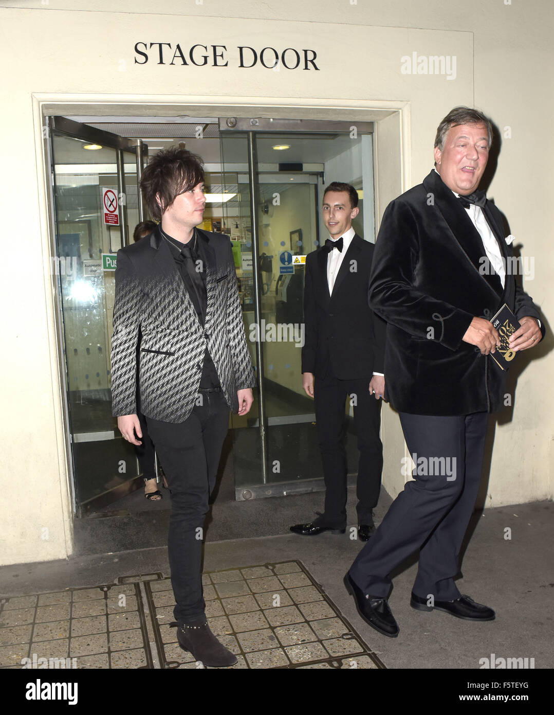 Stephen Fry and partner leaving via stage door Featuring: Stephen Fry ...
