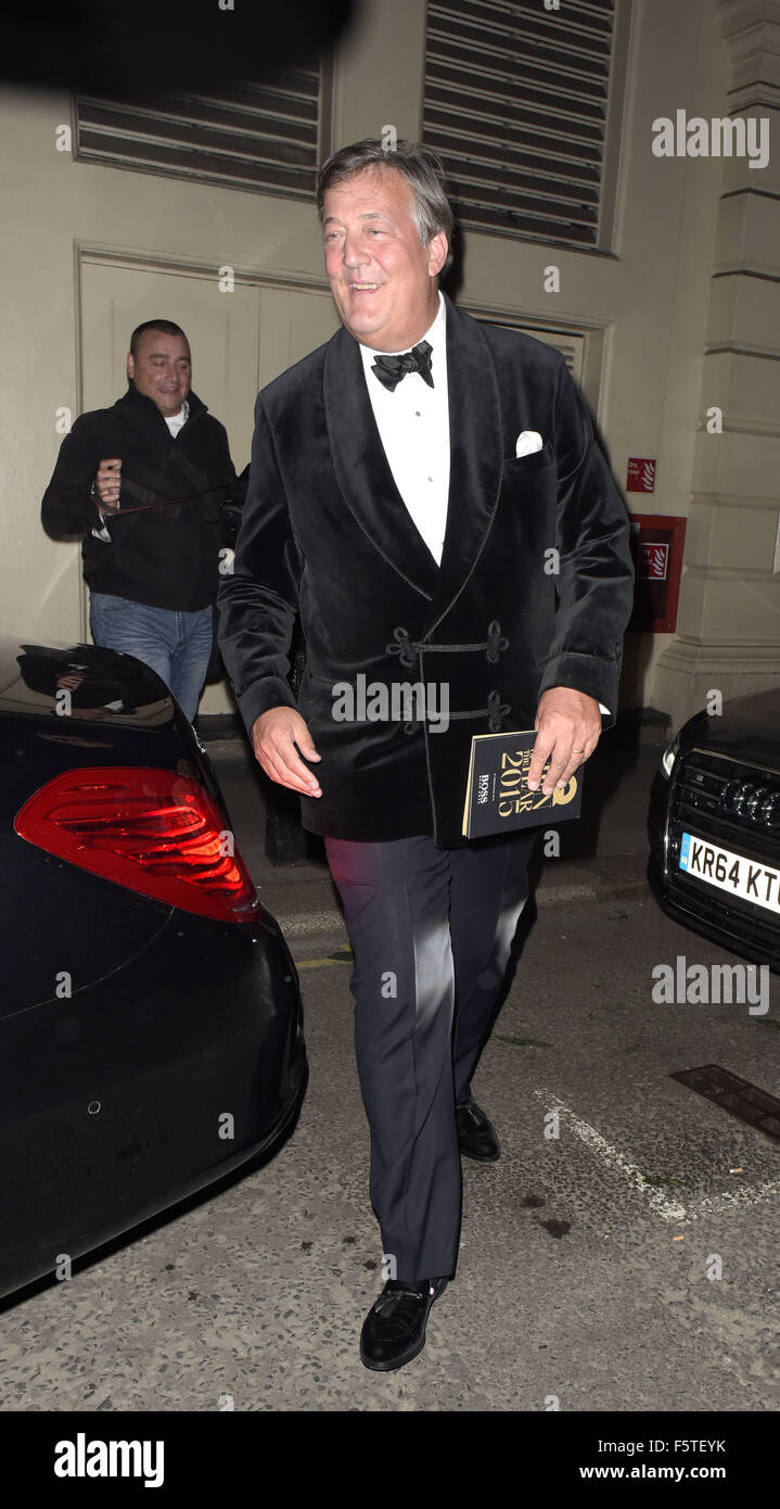 Stephen Fry and partner leaving via stage door Featuring: Stephen Fry ...