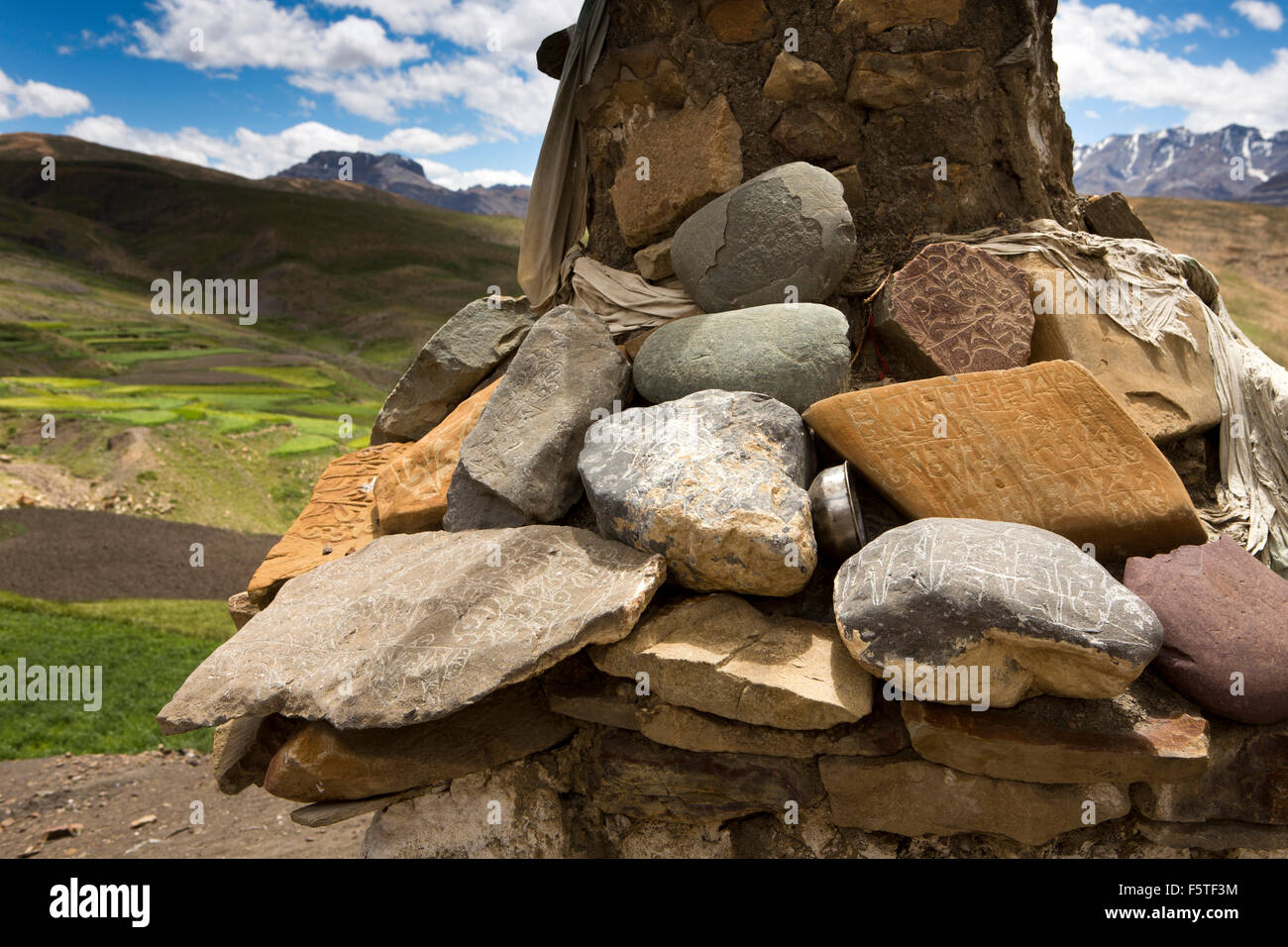 India, Himachal Pradesh, Spiti, Hikkim, Buddhist mani stones around ...
