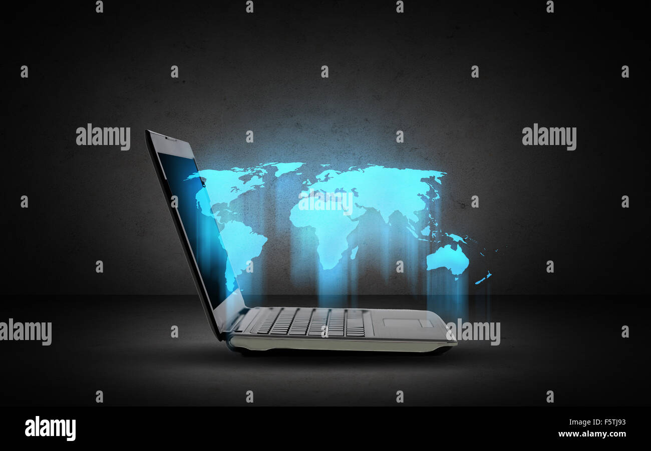 open laptop computer with world map Stock Photo - Alamy