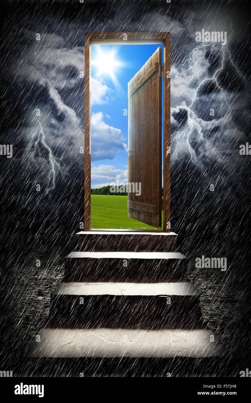 Beautiful day landscape behind the dramatic bad weather open door Stock ...