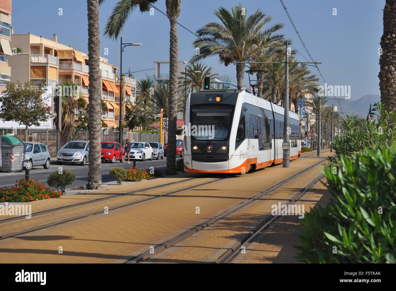 Modern electric tram on tramway, Campello, Alicante, Spain Stock Photo ...