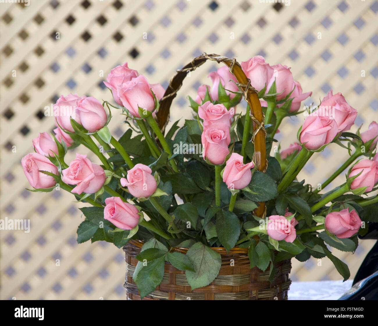 Pink roses in basket Stock Photo - Alamy