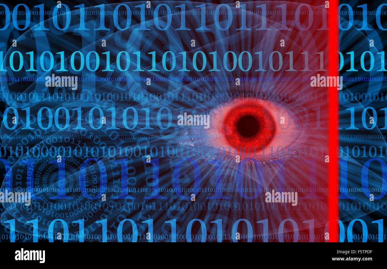 Abstract internet security illustration with human eye, scanning laser ...