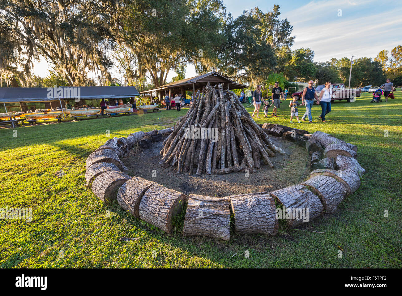 Bonfire ring of firewood ready for action at a fall gathering Stock ...