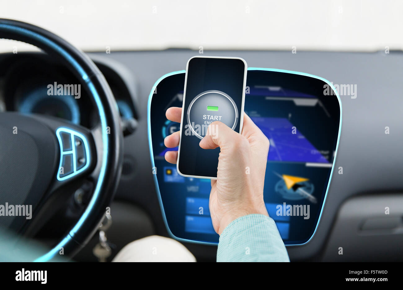 hands with start engine icon on smartphone in car Stock Photo - Alamy