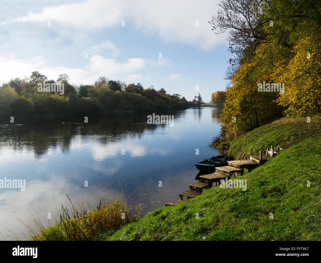 View along still River Tweed Berwickshire Scottish Borders fishing ...