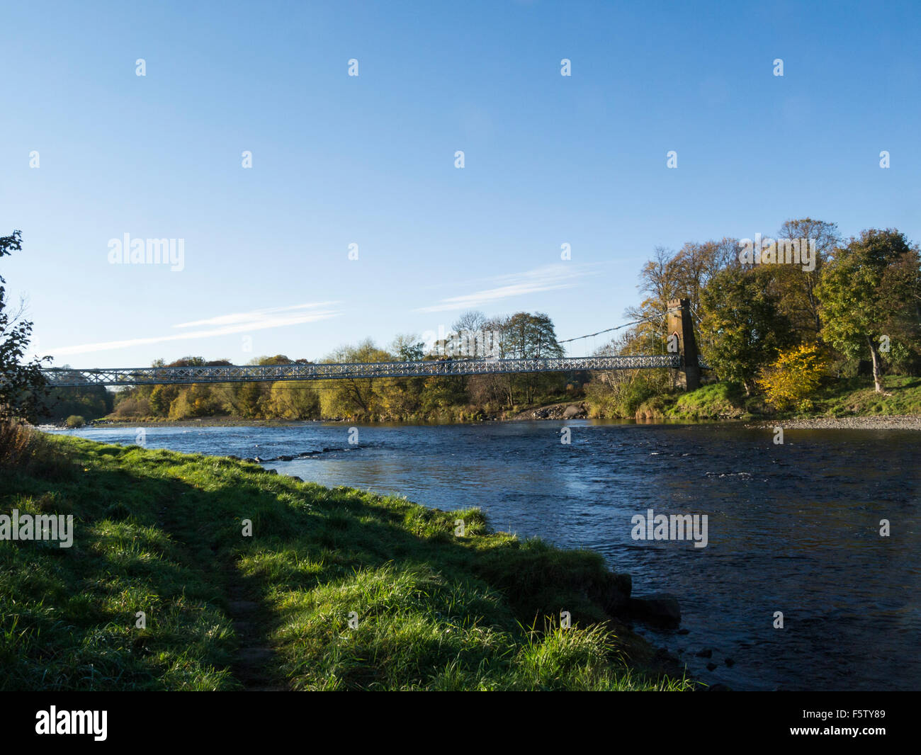 Melrose chain bridge crossing River Tweed to Gattonside village ...