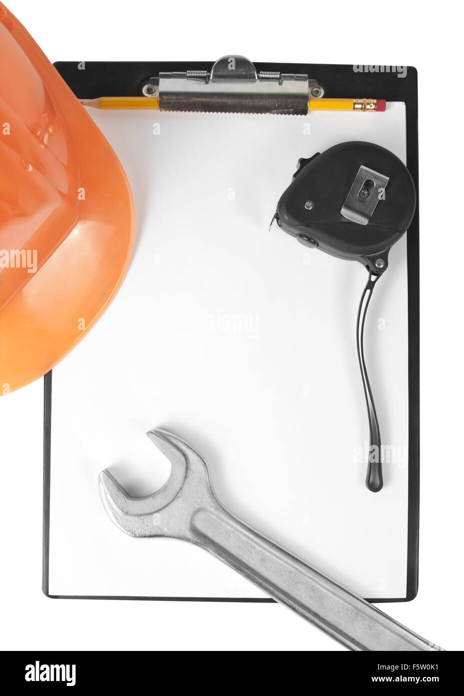 Worker clipboard and tools isolated on white Stock Photo - Alamy