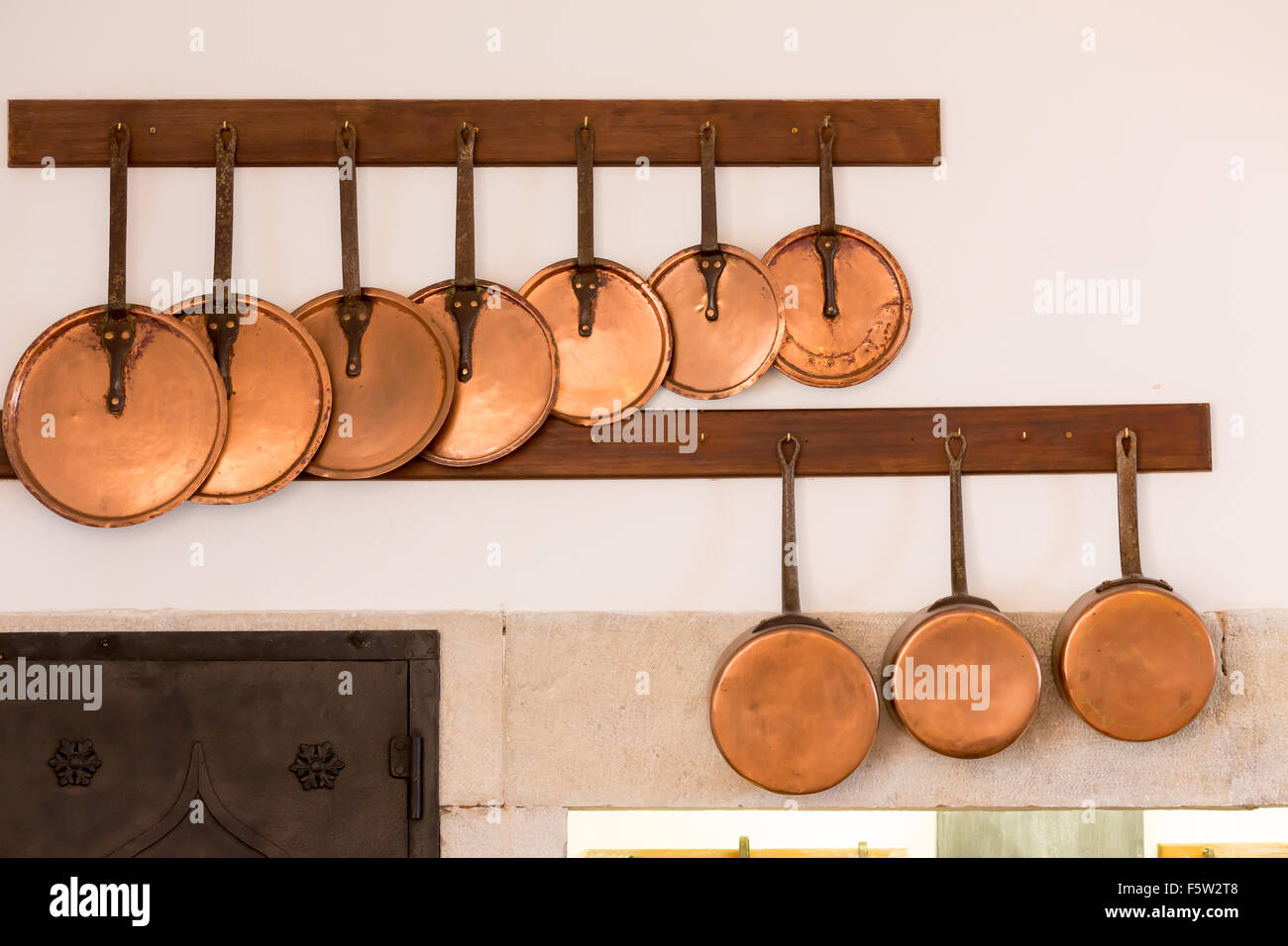 Retro kitchen interior with set of old pans Stock Photo - Alamy