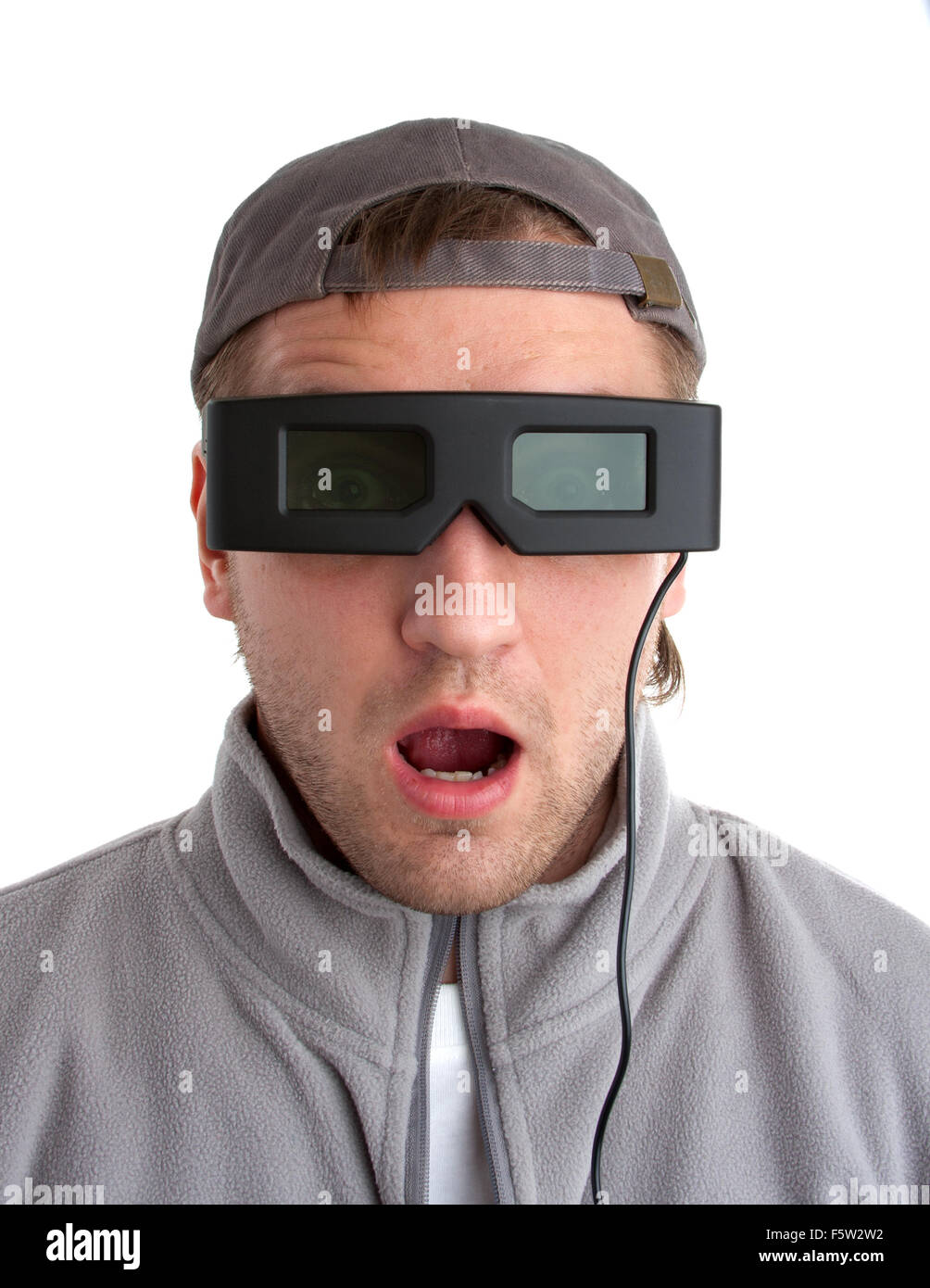 Surprised player with 3-D glasses. Isolated on white Stock Photo - Alamy