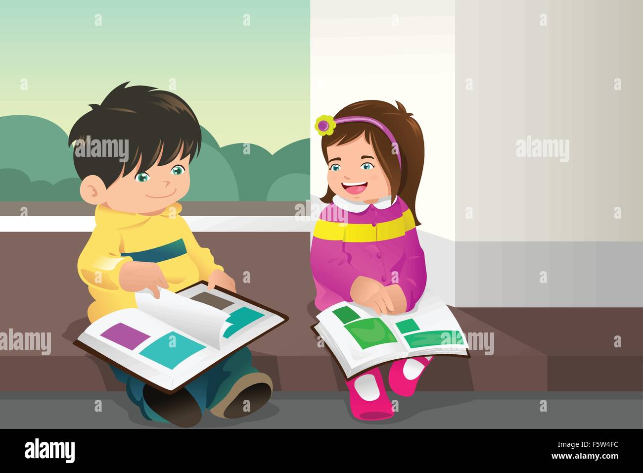 A vector illustration of two kids reading a book together Stock Vector ...