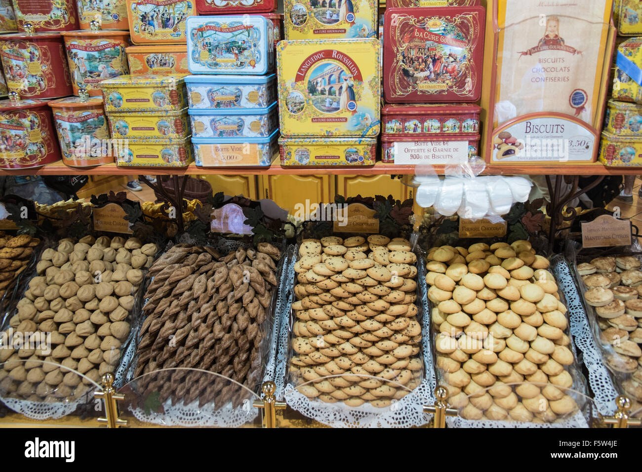 Artisan biscuit shop,La Cure Gourmande in specialised shop within walled fort of Carcassonne ...