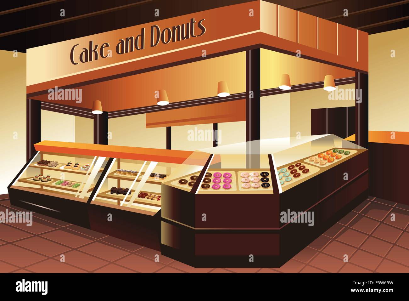 A vector illustration of cake and donuts section in grocery store Stock ...