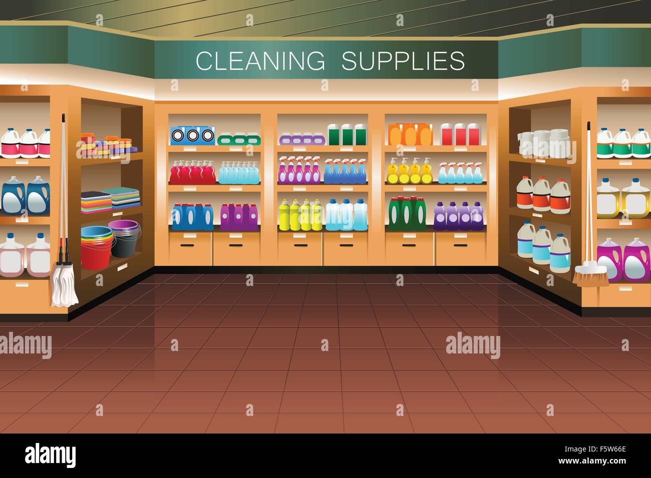 A vector illustration of cleaning supply section in grocery store Stock ...