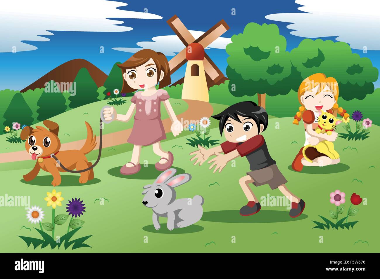 A vector illustration of cute kids playing with their pets in the ...