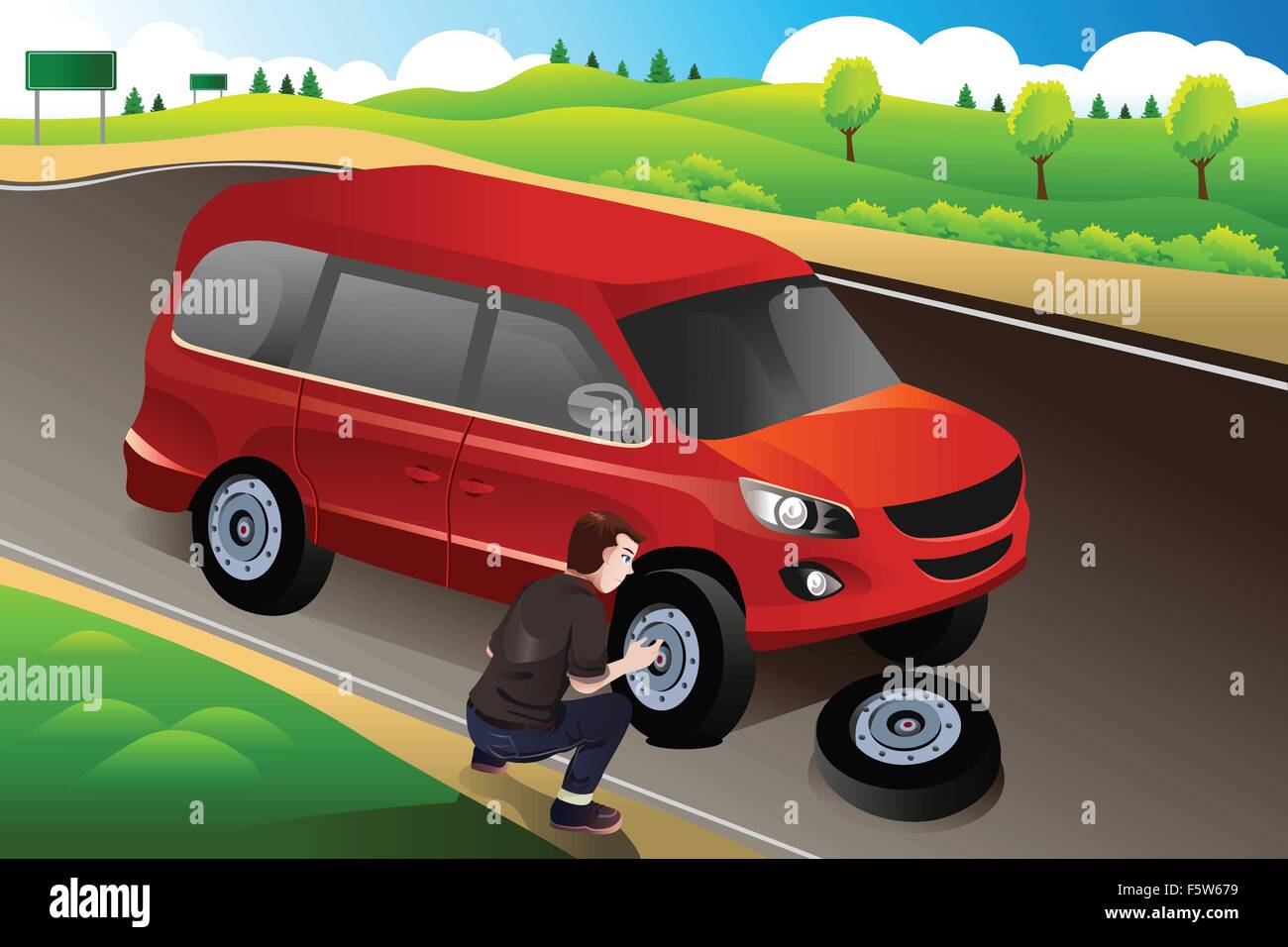 A vector illustration of man changing flat tire on the side of the road ...