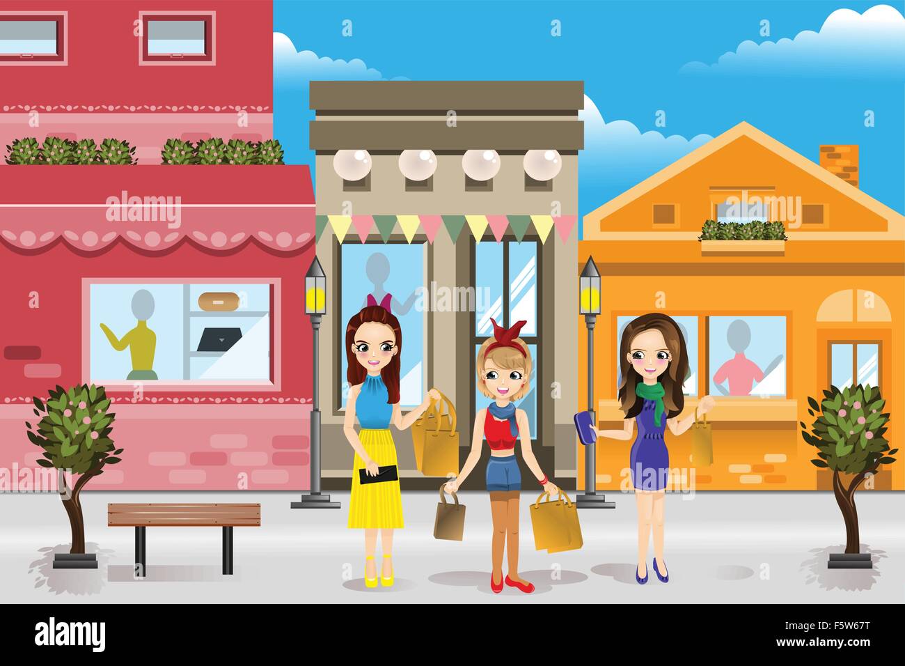 A vector illustration of modern women shopping in a mall Stock Vector ...