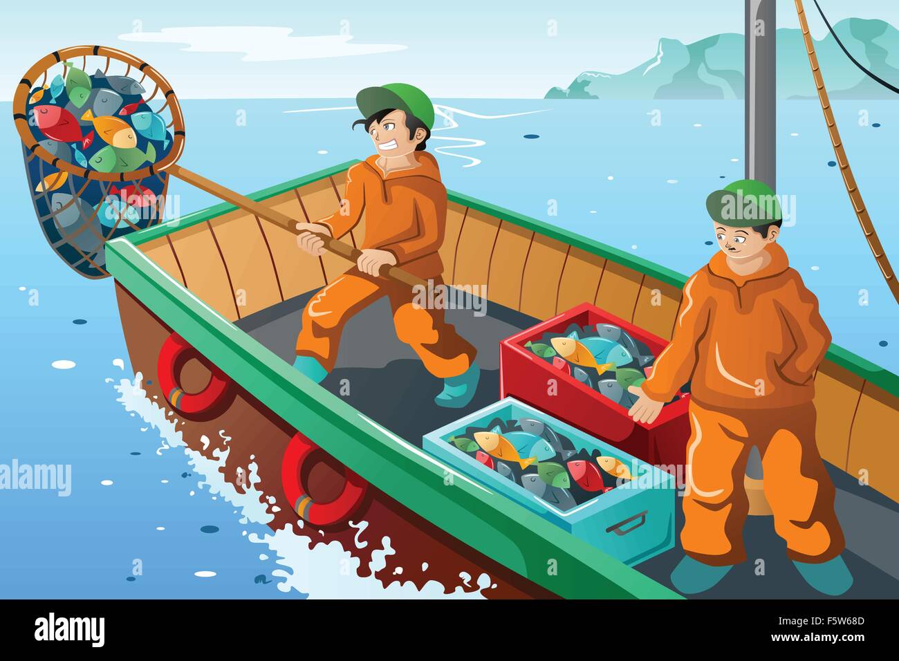 A vector illustration of commercial fisherman fishing at the sea Stock ...