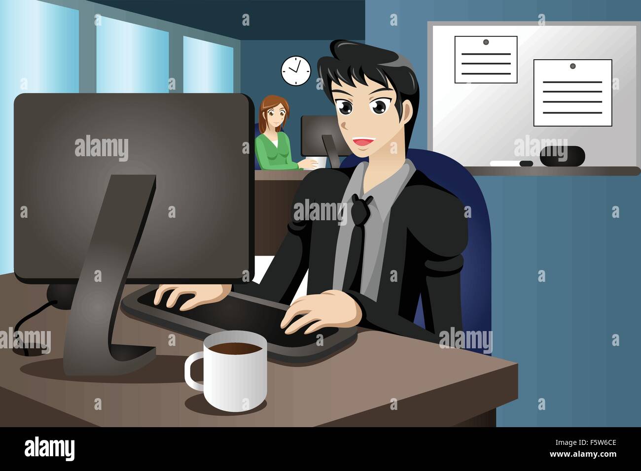 A vector illustration of businessman working on his computer in the ...
