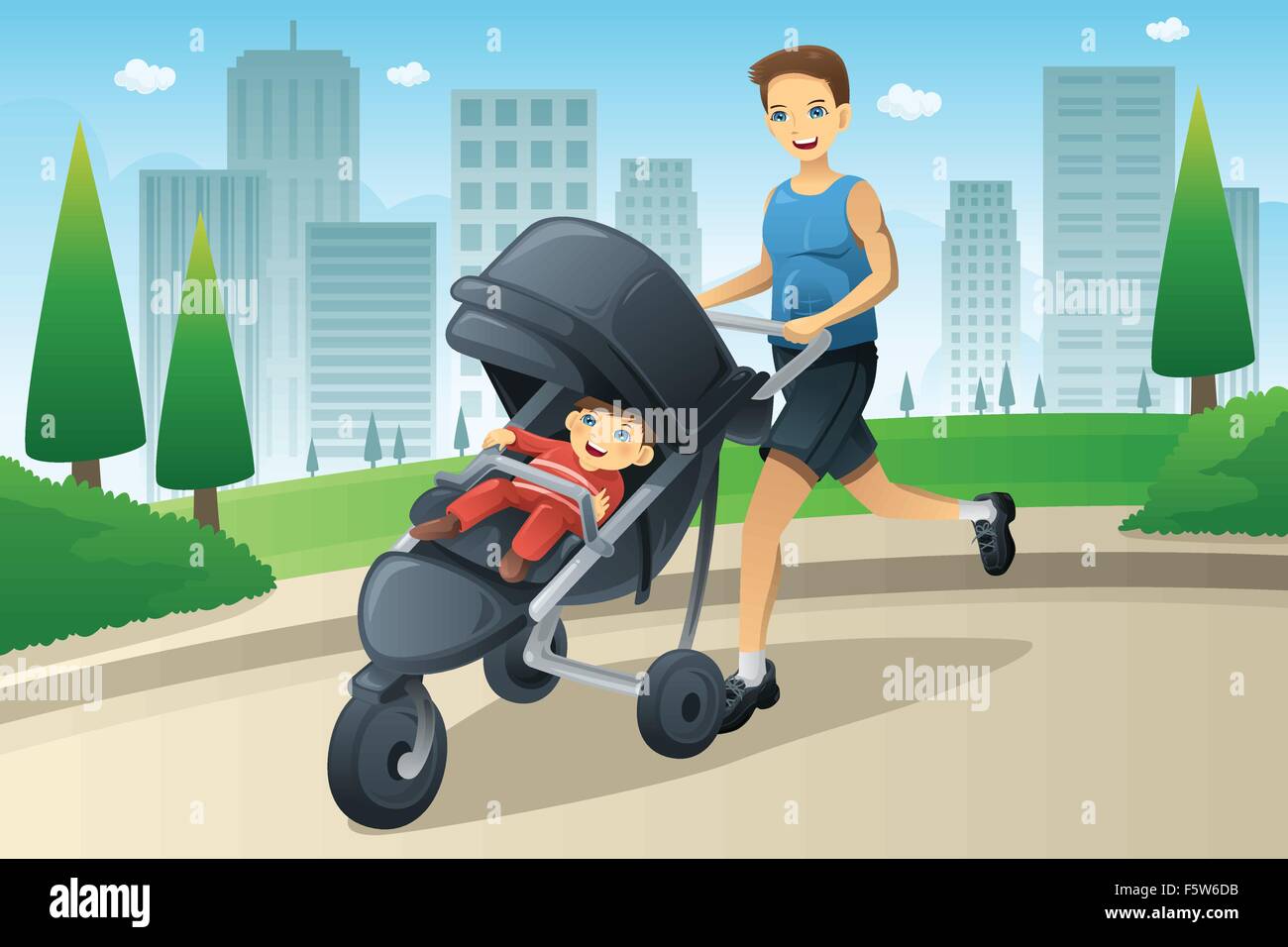 A vector illustration of father jogging while pushing a stroller in the ...