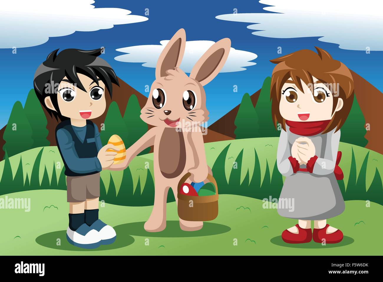 A vector illustration of Easter bunny giving out Easter egg to kids ...
