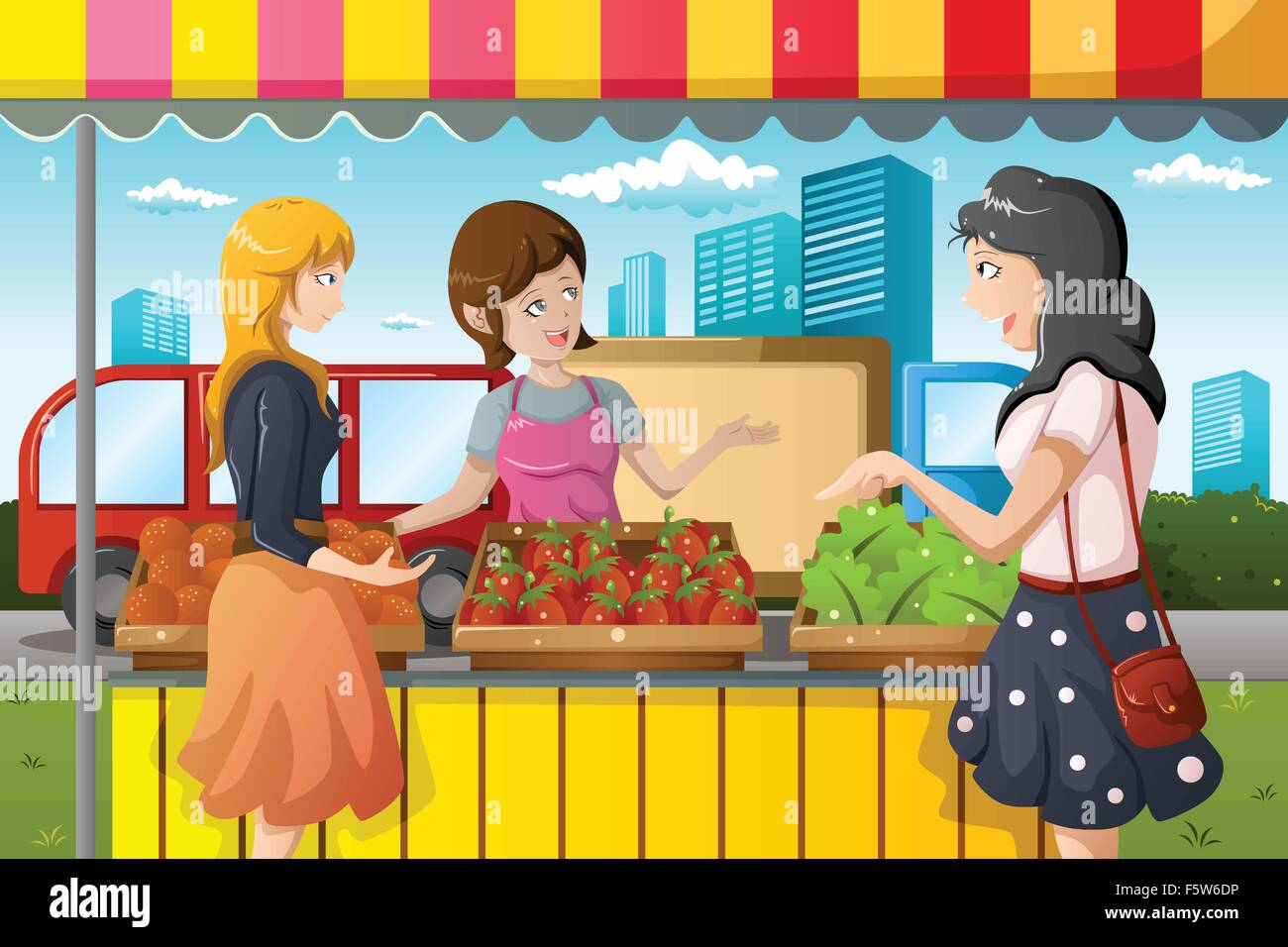 A vector illustration of people shopping in a outdoor farmers market ...