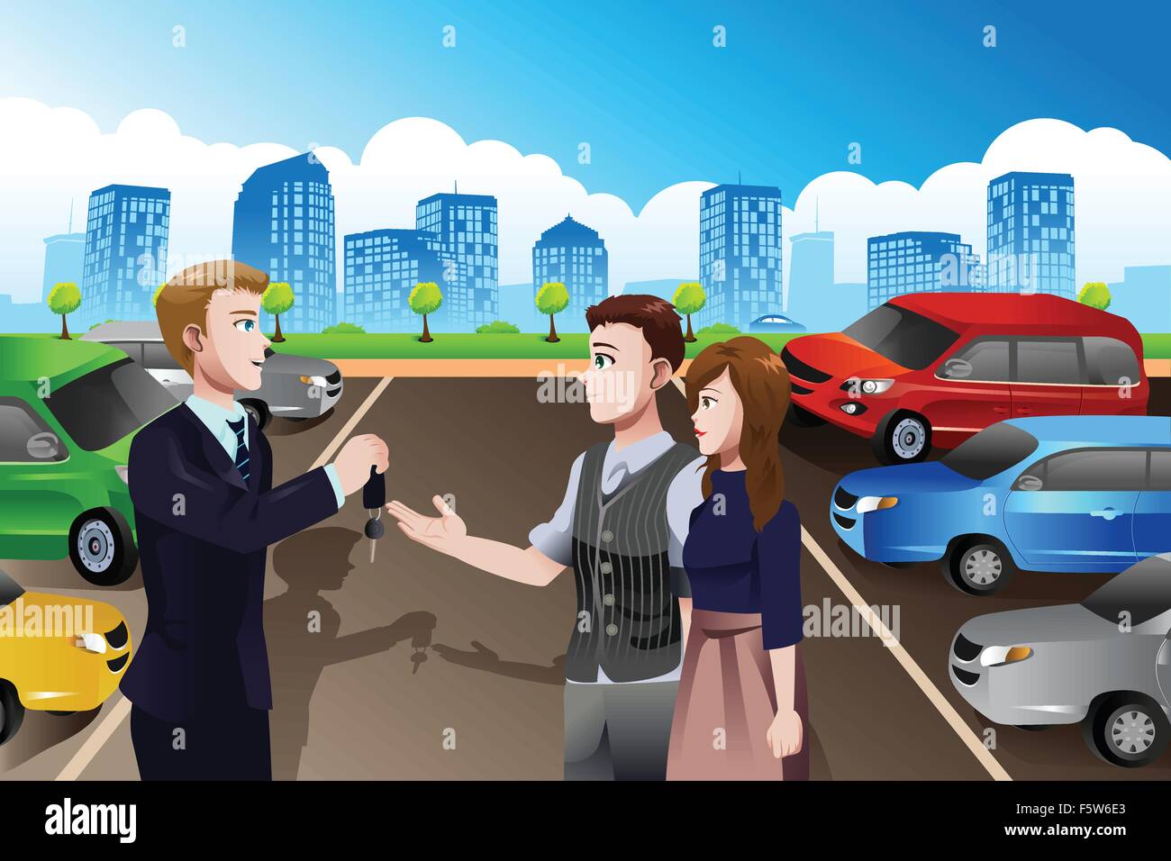 A vector illustration of car salesman giving the key of new car to the ...