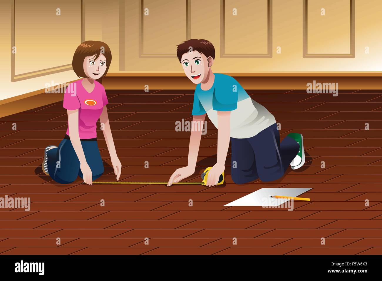 A vector illustration of young couple measuring floor with a ...