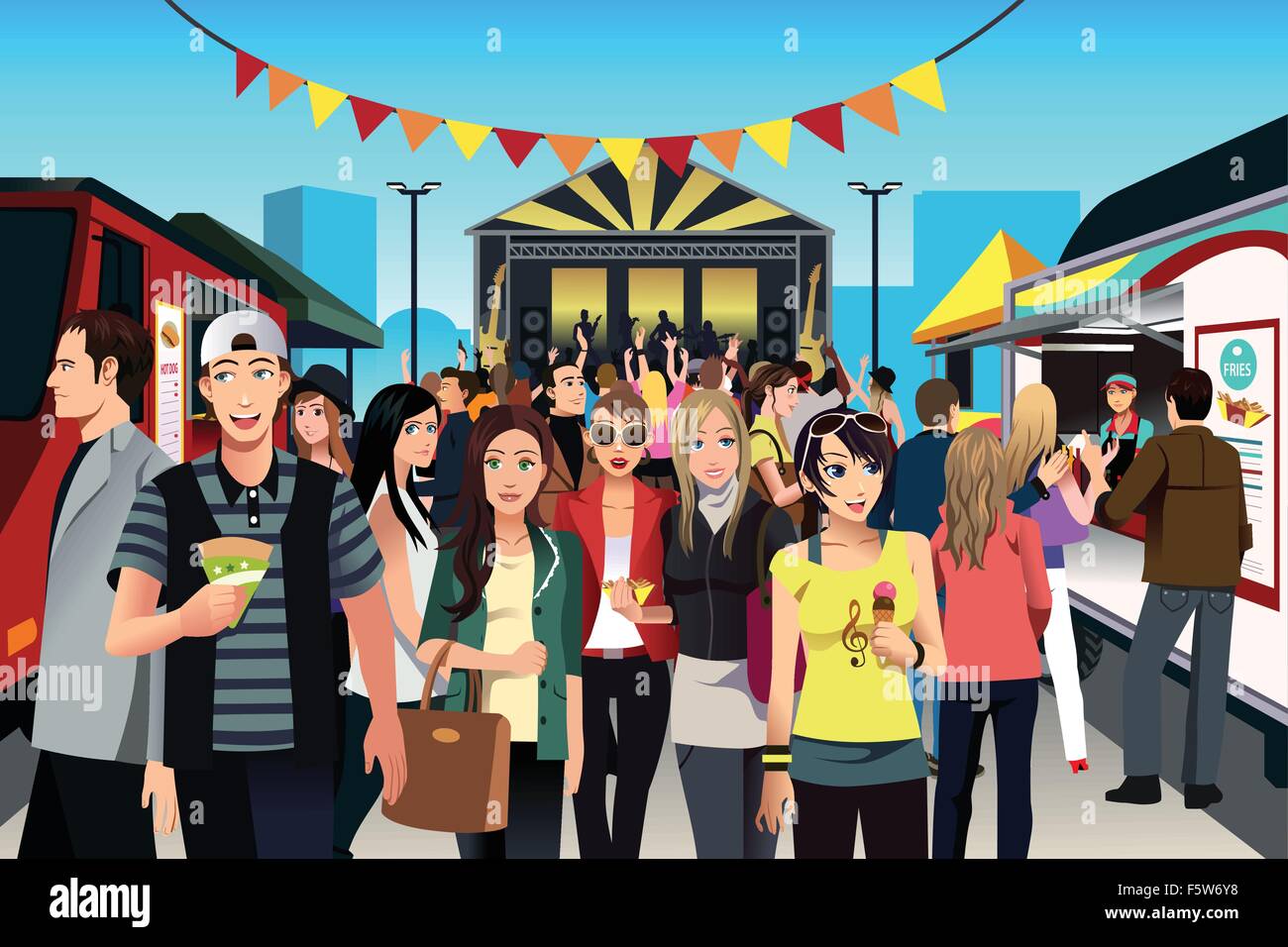 A vector illustration of people having fun in street food festival ...