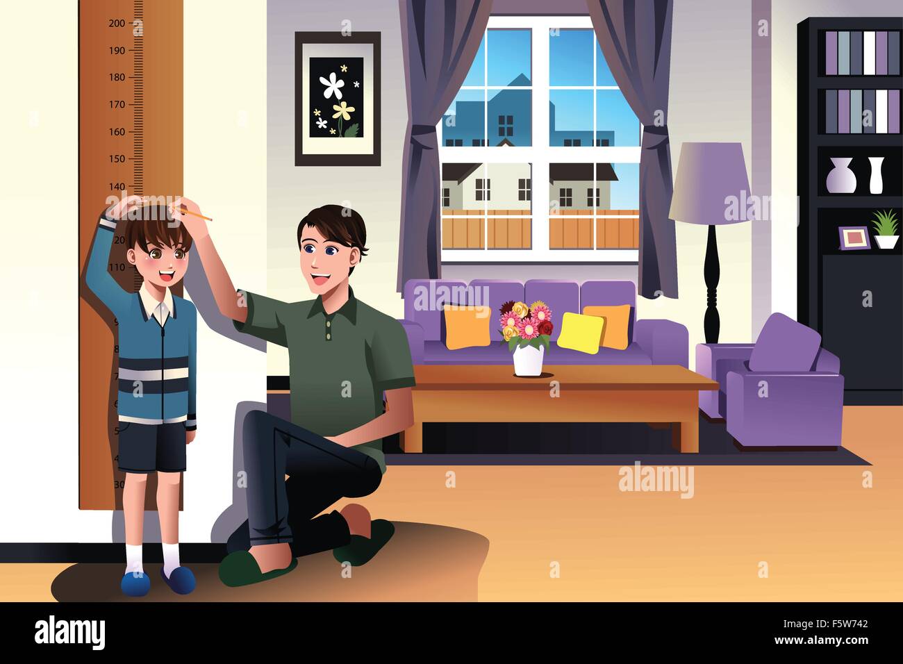 A vector illustration of father measuring his son height with height ...