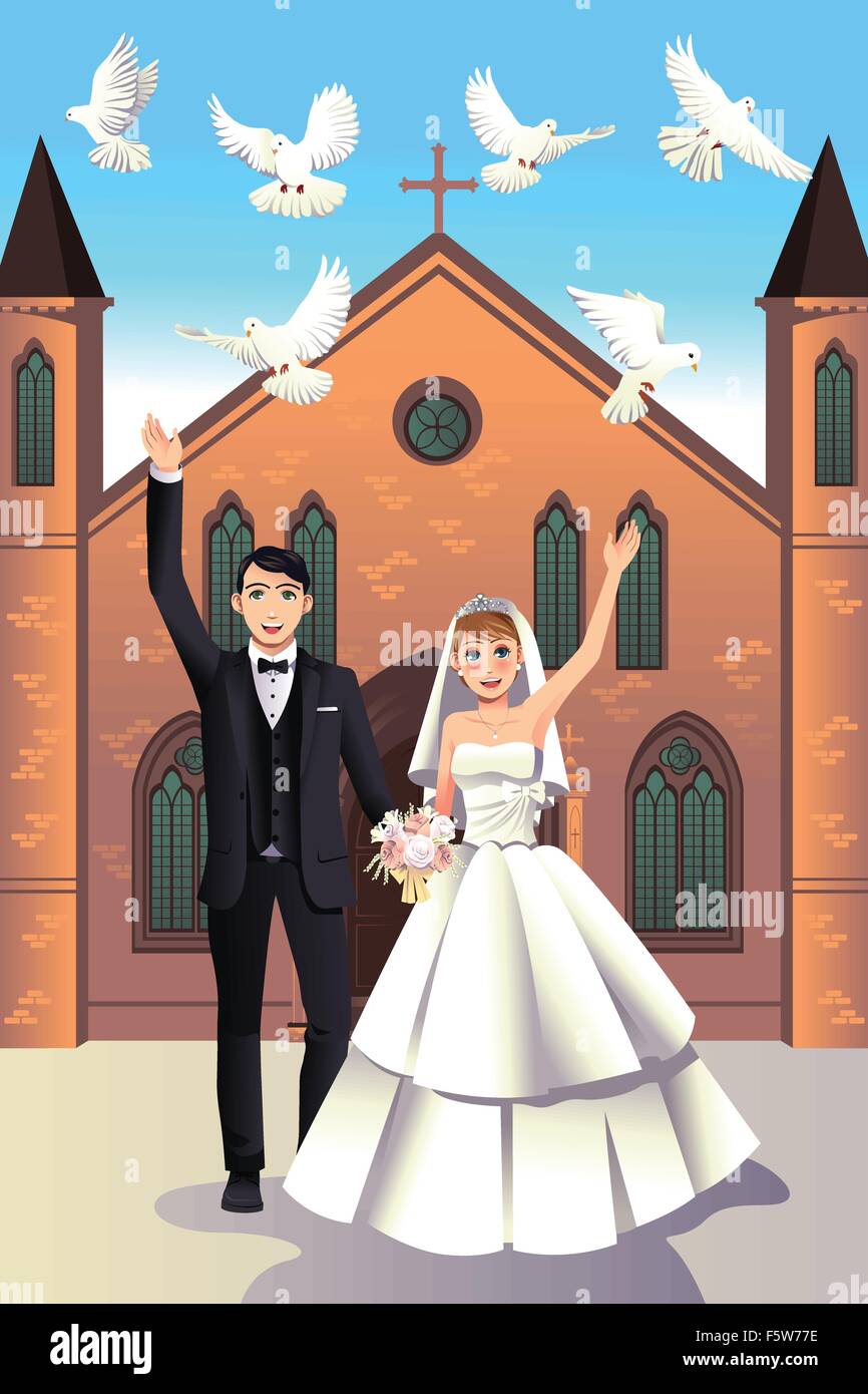 A vector illustration of a couple releasing white doves on their ...