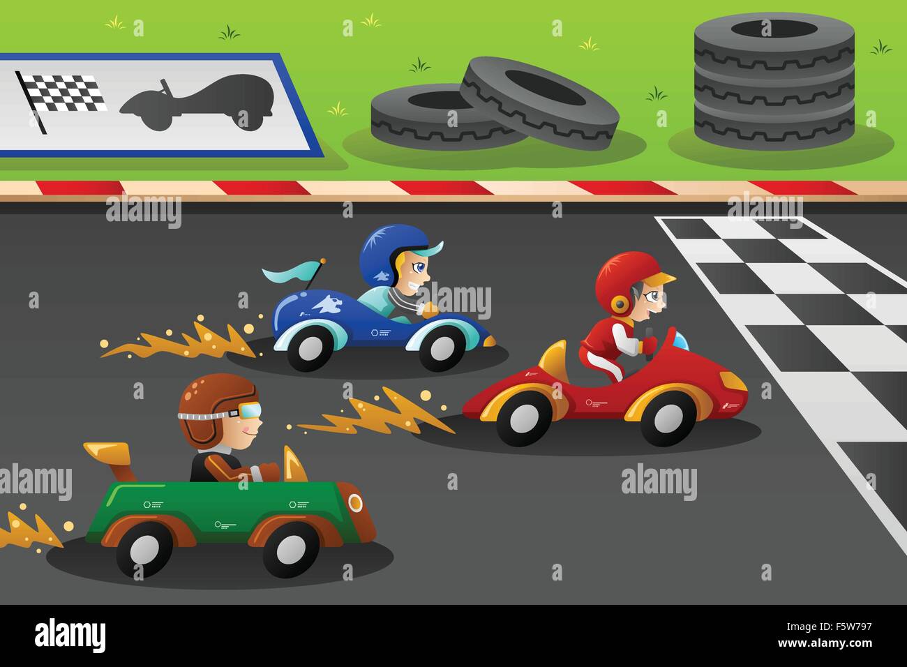 A vector illustration of happy kids in a car racing Stock Vector Image ...