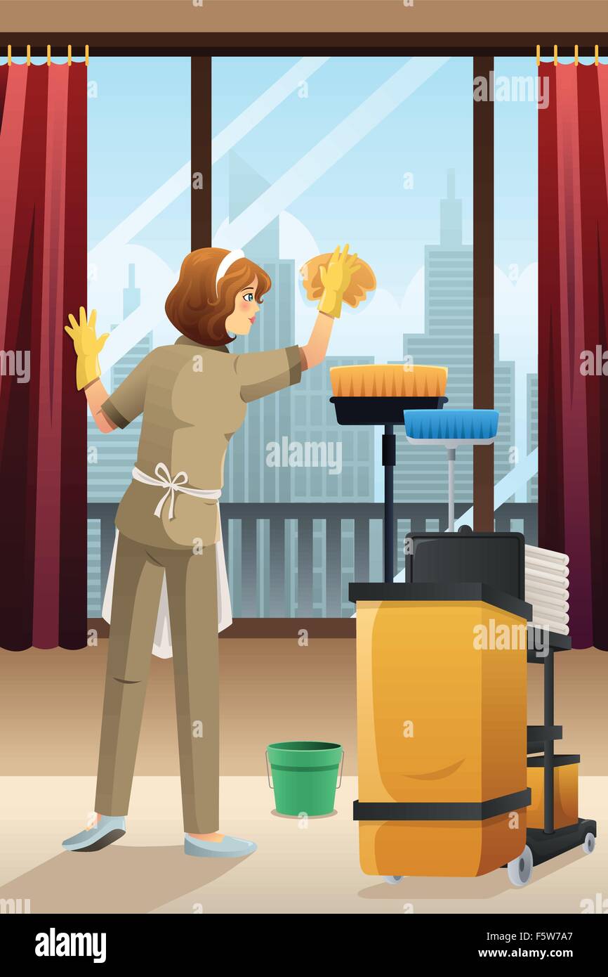 A vector illustration of hotel janitor cleaning the window with mop ...