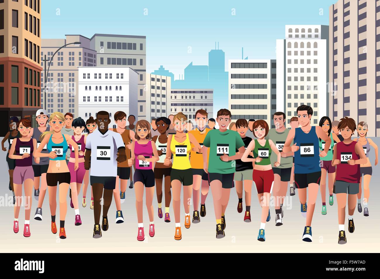 A vector illustration of group of marathon athlete running on street ...