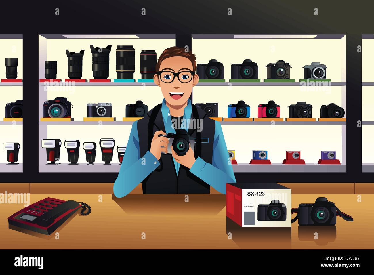 A vector illustration of store owner in a camera store Stock Vector ...