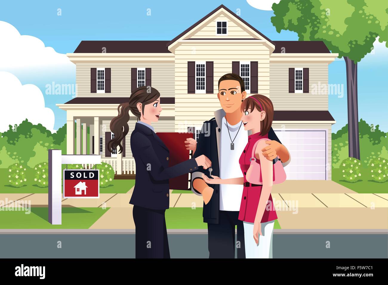 A vector illustration of real estate agent in front of a sold house ...