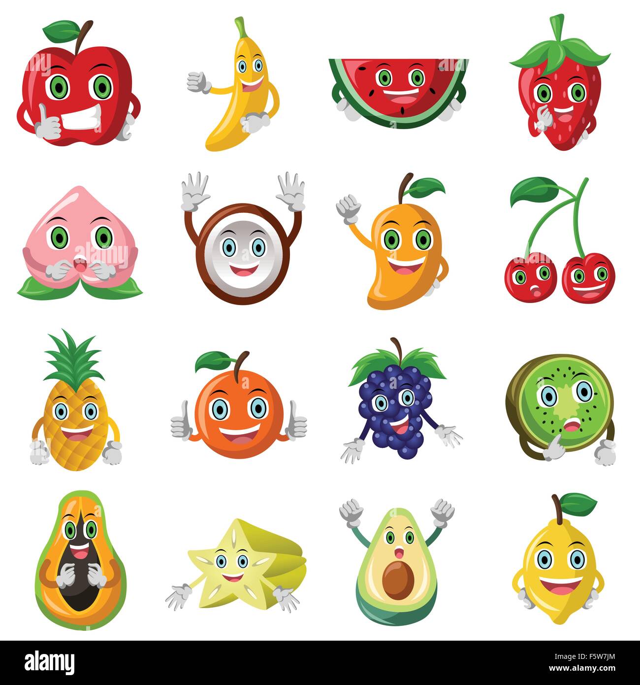A vector illustration of cute fruit character icon sets Stock Vector ...
