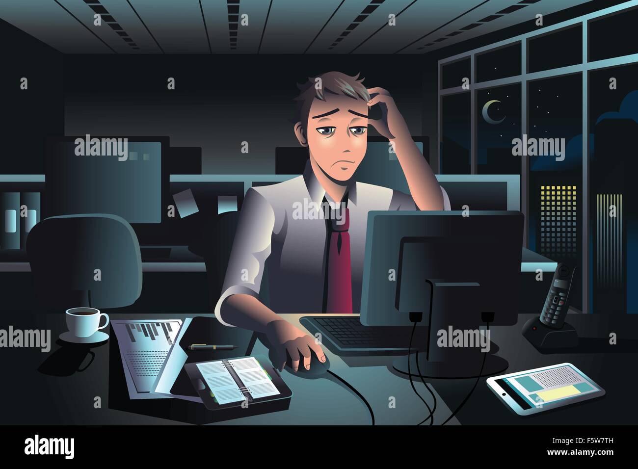 A vector illustration of tired businessman working late at night in the ...