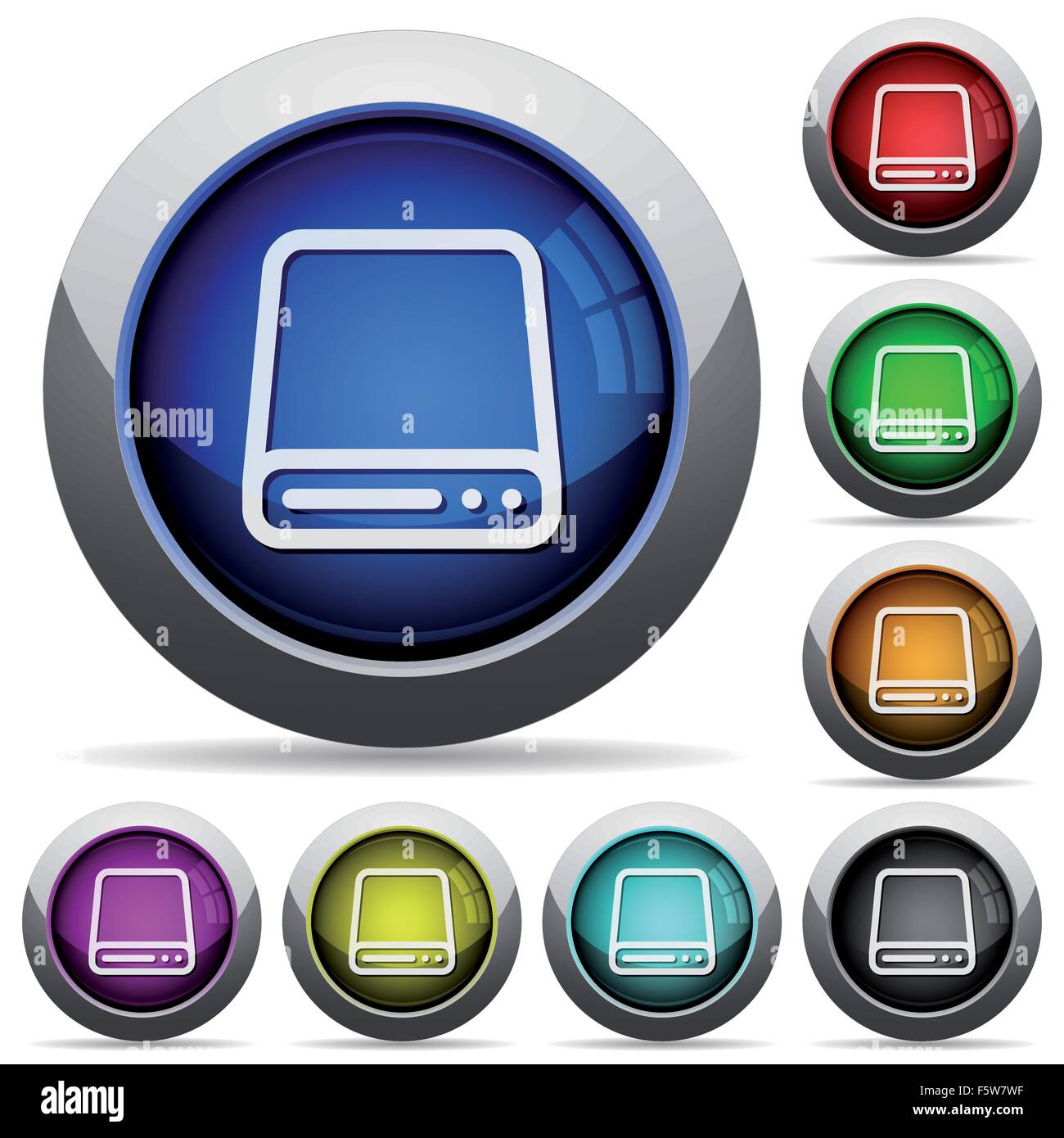 Set of round glossy hard disk storage buttons. Arranged layer structure ...