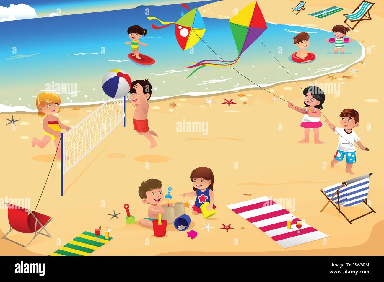 A vector illustration of happy kids having fun on the beach Stock ...