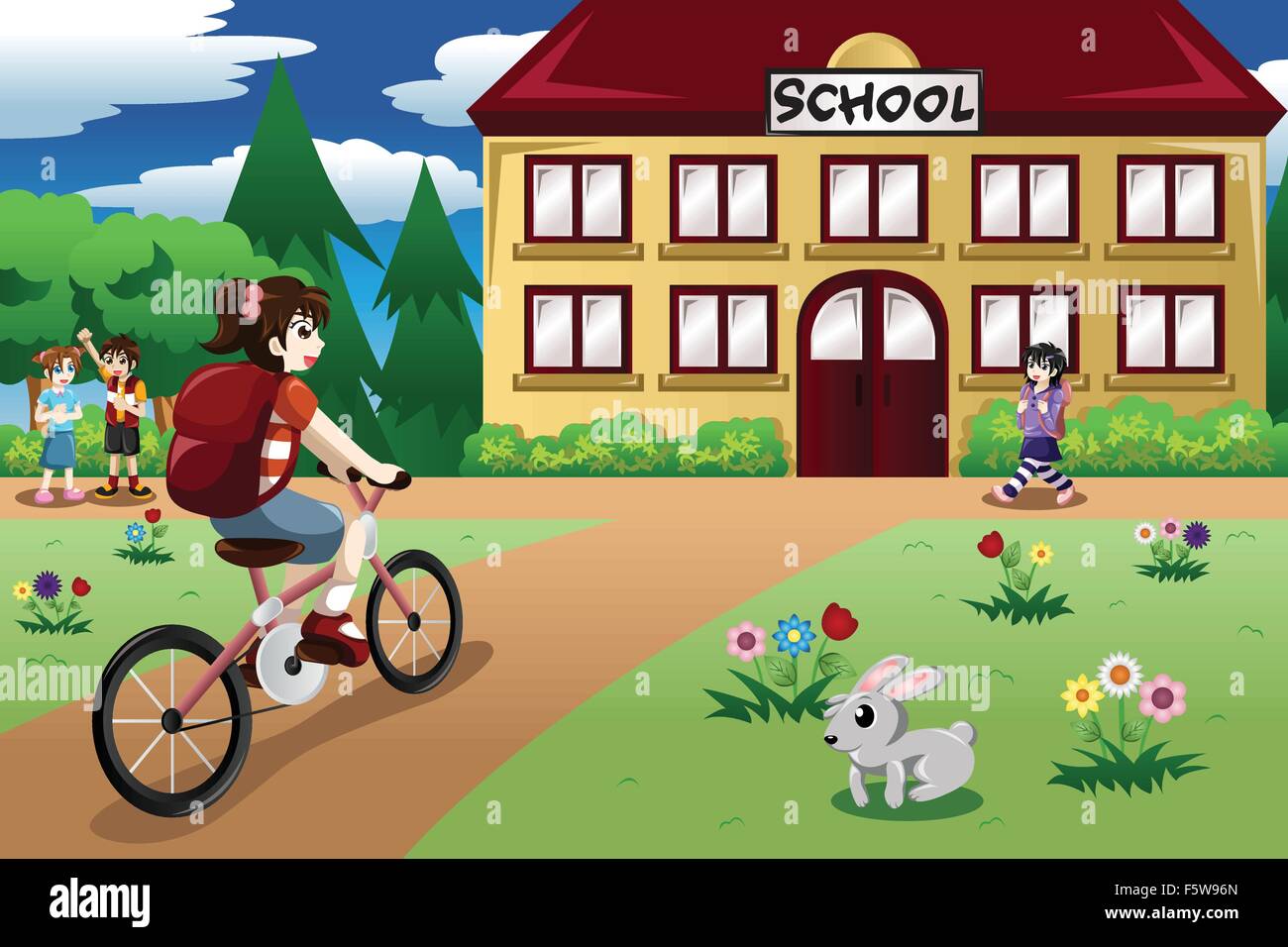 A vector illustration of elementary student girl riding a bike to school Stock Vector Image ...