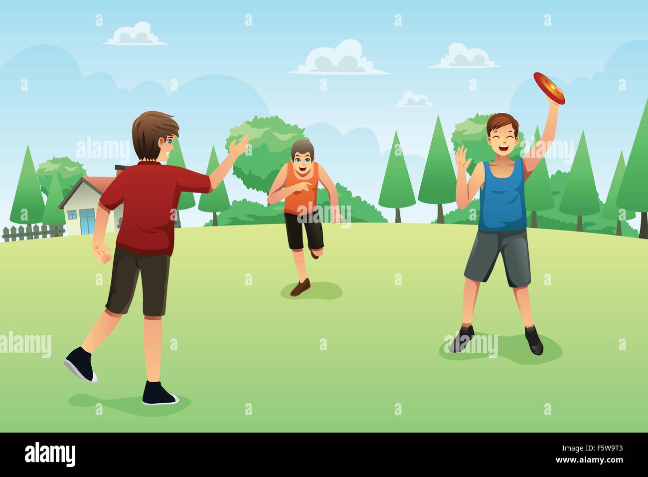 A vector illustration of young people playing frisbee in the park Stock ...