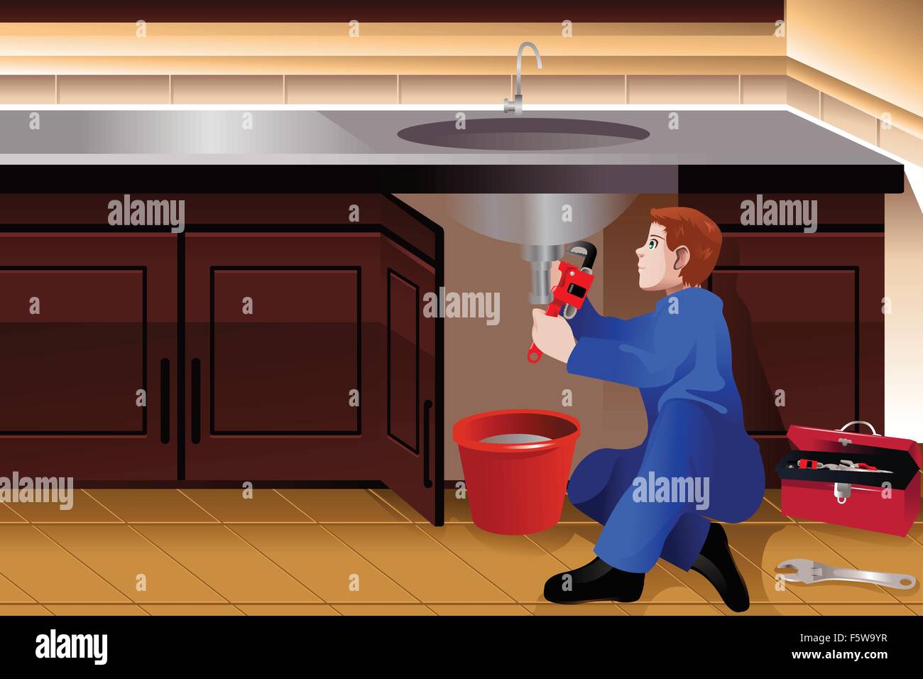 A vector illustration of plumber fixing a leaky faucet Stock Vector ...
