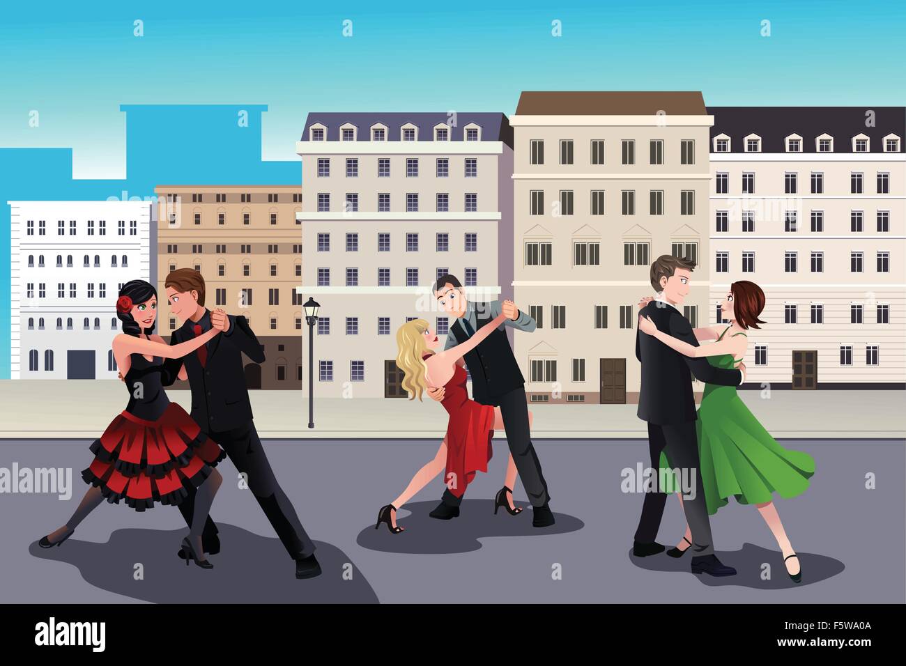 A vector illustration of people dancing tango in front of a European ...