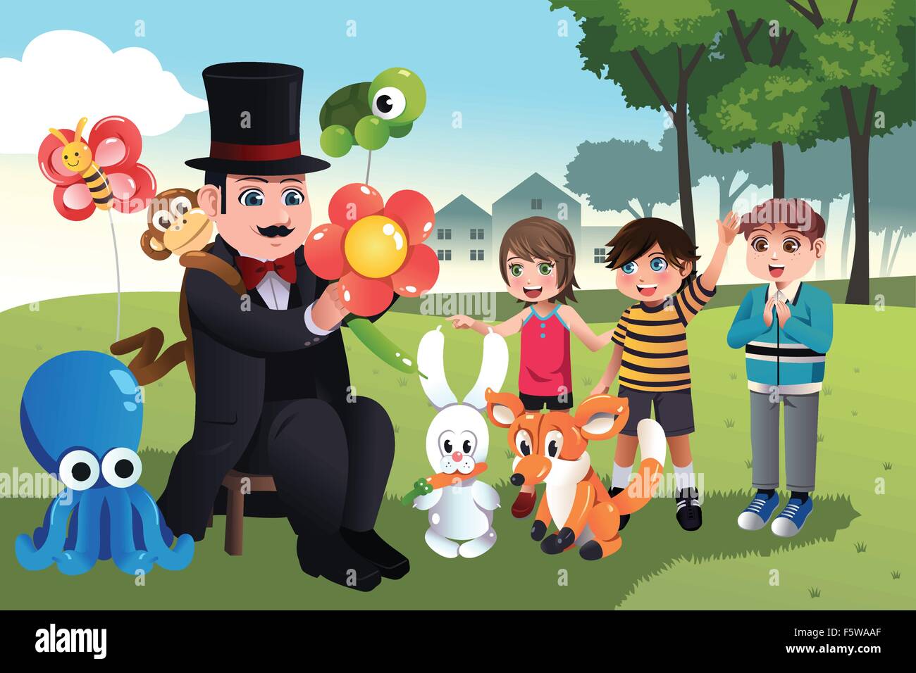 A vector illustration of balloon makers making balloons in front of ...