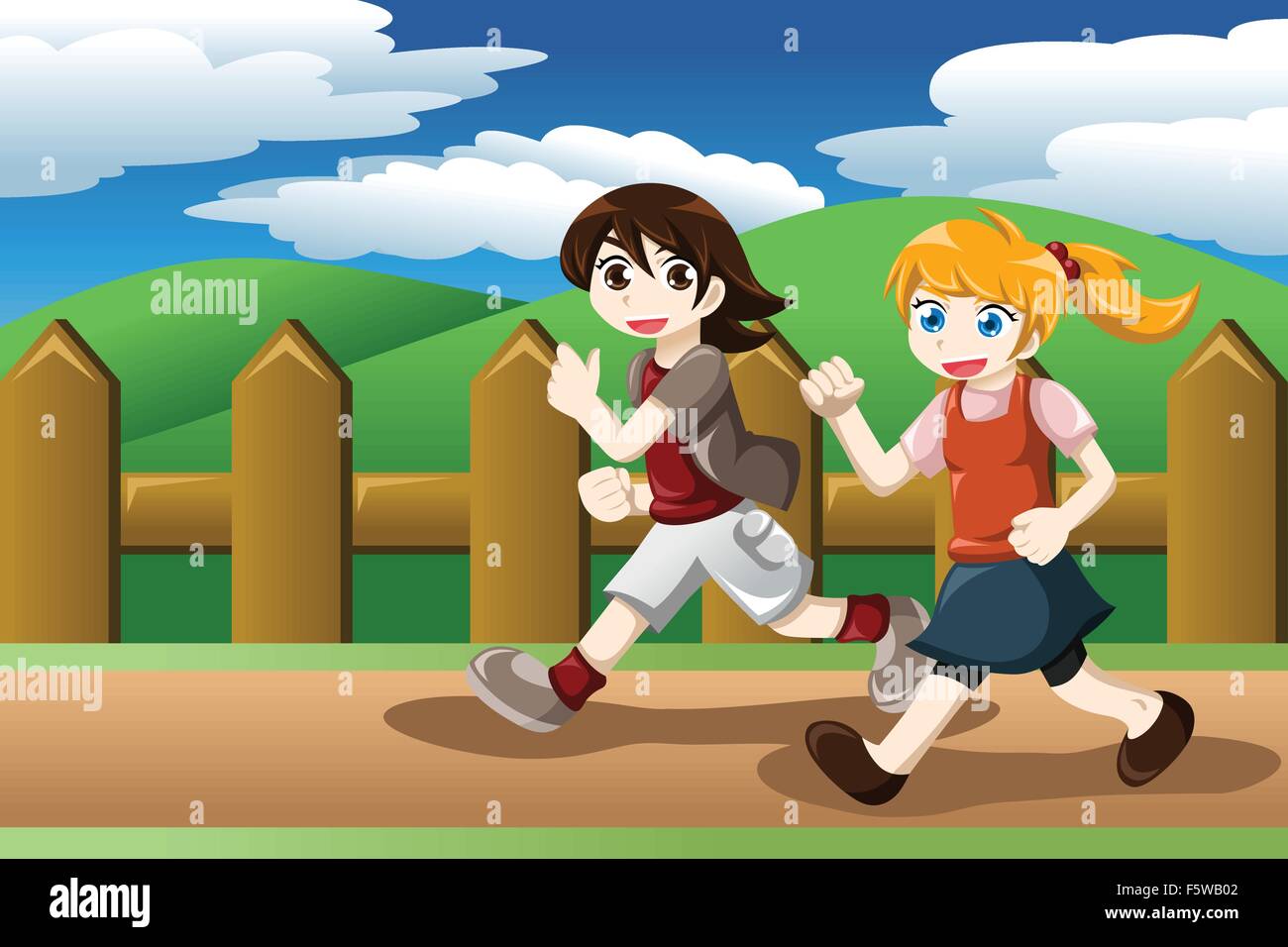 A vector illustration of cute girls running outdoor Stock Vector Image ...