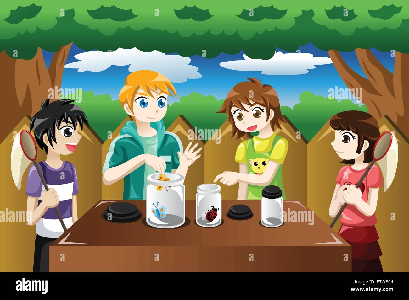 A vector illustration of kids catching bugs and put them in a jar Stock ...